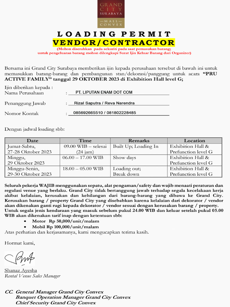 Surat Ijin Loading - Prudential Active Family - 29 Oct 2023 | PDF