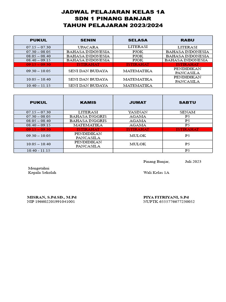 Jadwal Pelajaran Kelas 1 Pdf