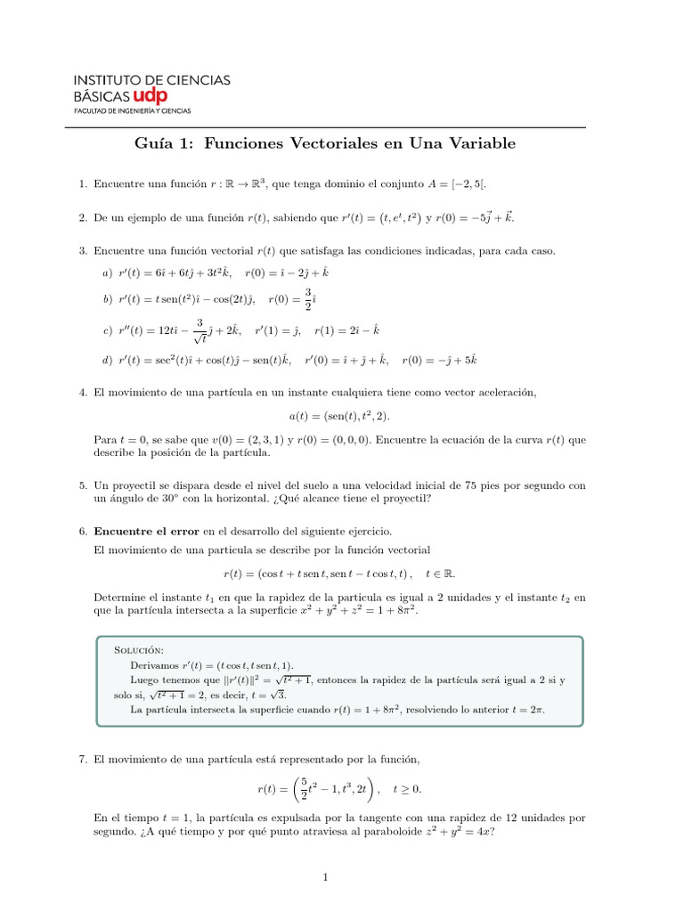 Guia 1 Funciones Vectoriales | Descargar gratis PDF | Curva | Vector Euclidiano