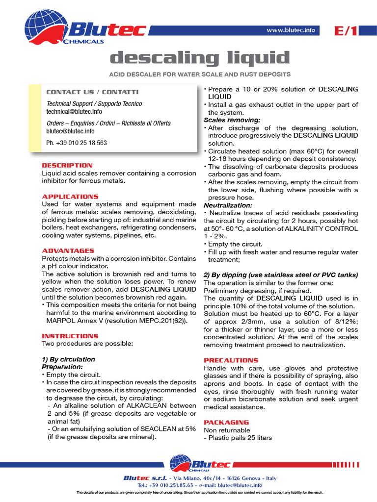 E1 - en Descaling Liquid | PDF | Water | Corrosion
