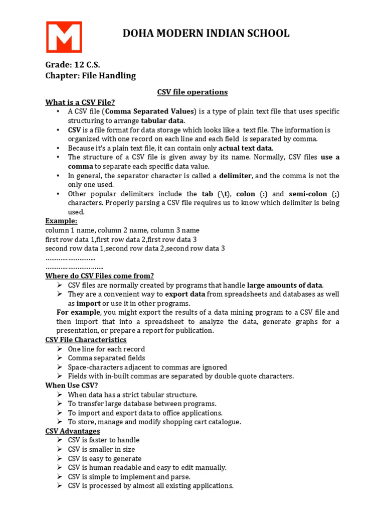 File Handling Csv Files Notes 3 Pdf Comma Separated Values Computer File
