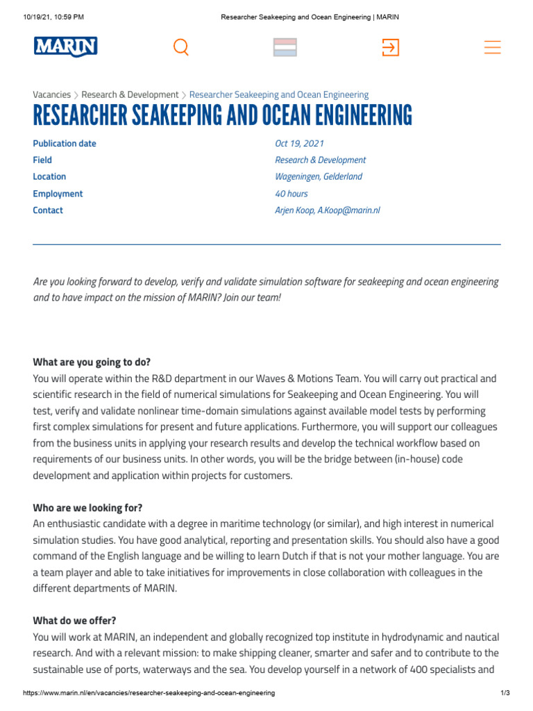 Researcher Seakeeping and Ocean Engineering - MARIN | PDF | Simulation ...