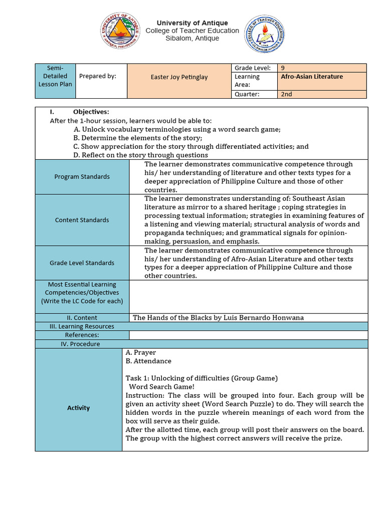 Semi-Detailed Lesson Plan | PDF | Learning | Lesson Plan