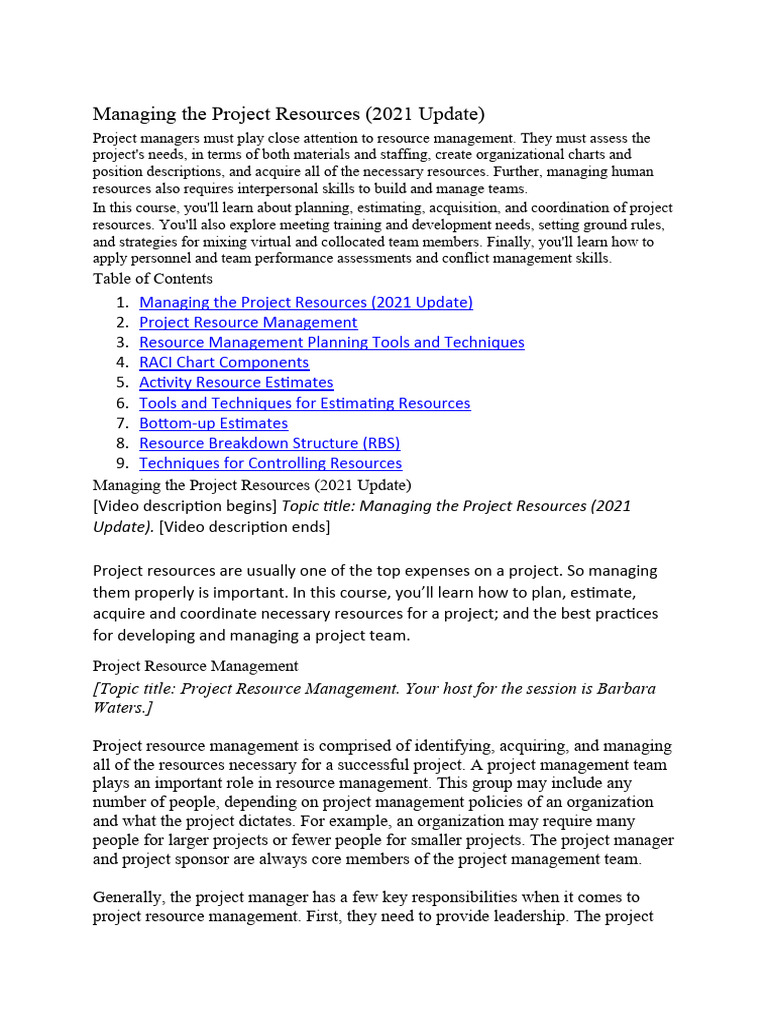 Managing The Project Resources 2021 Update 042337 Pdf Expert Project Management