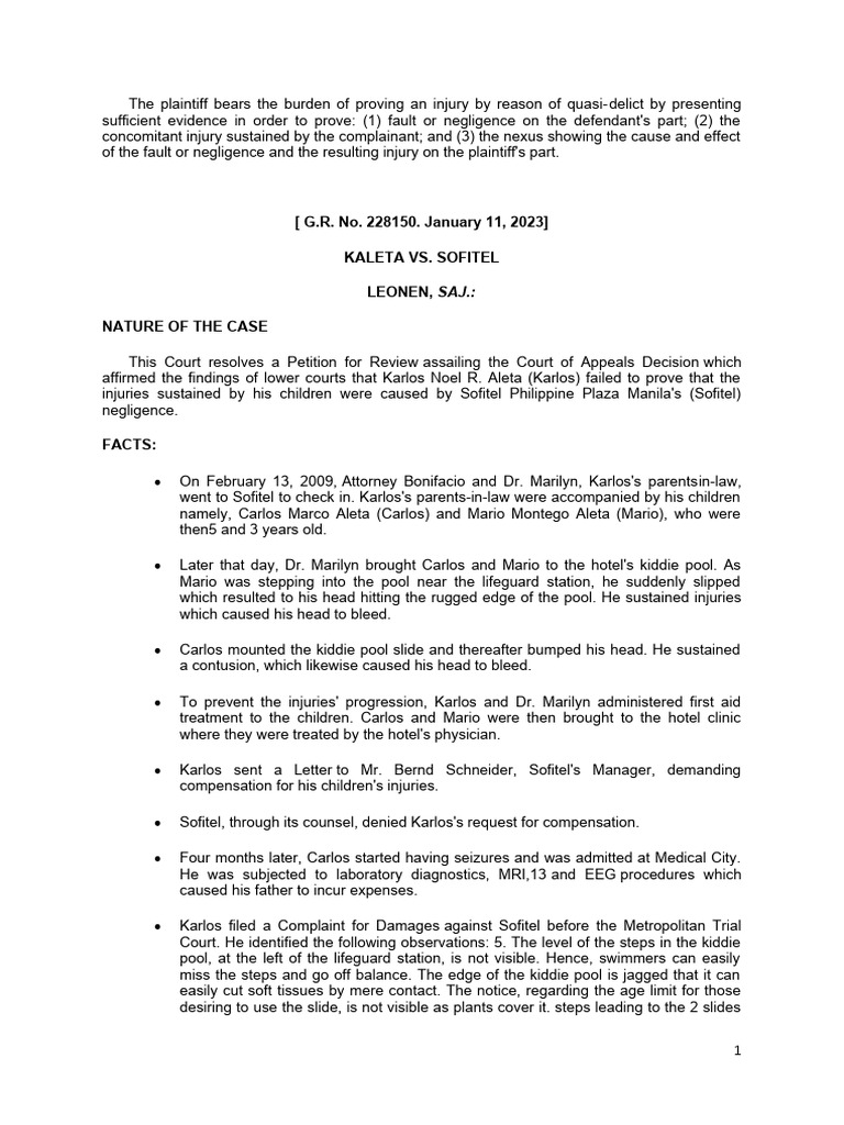 Aleta vs. Sofitel Jan 2023 - Case Digest | PDF | Negligence | Damages
