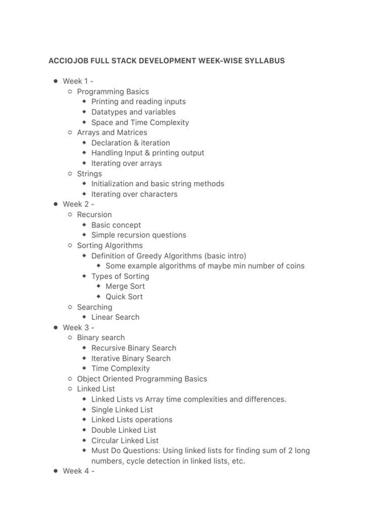 Acciojob Full Stack Development Week-Wise Syllabus | PDF | Java Script | Time Complexity