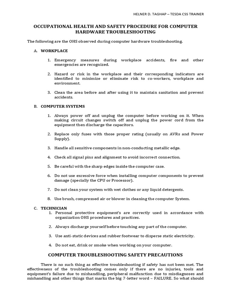 Occupational Health and Safety Procedure For Computer Hardware ...