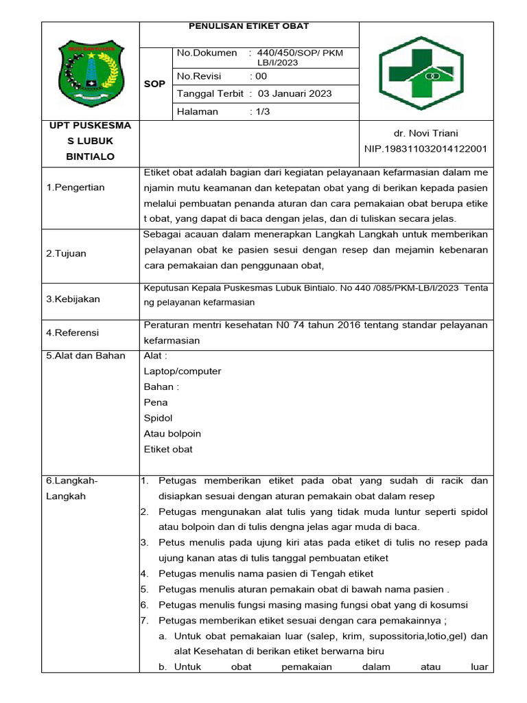 Sop Penulisan Etiket Obat | PDF