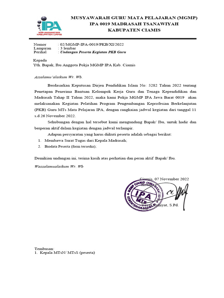 Surat Undangan Peserta PKB Guru IPA Pokja 0019 | PDF