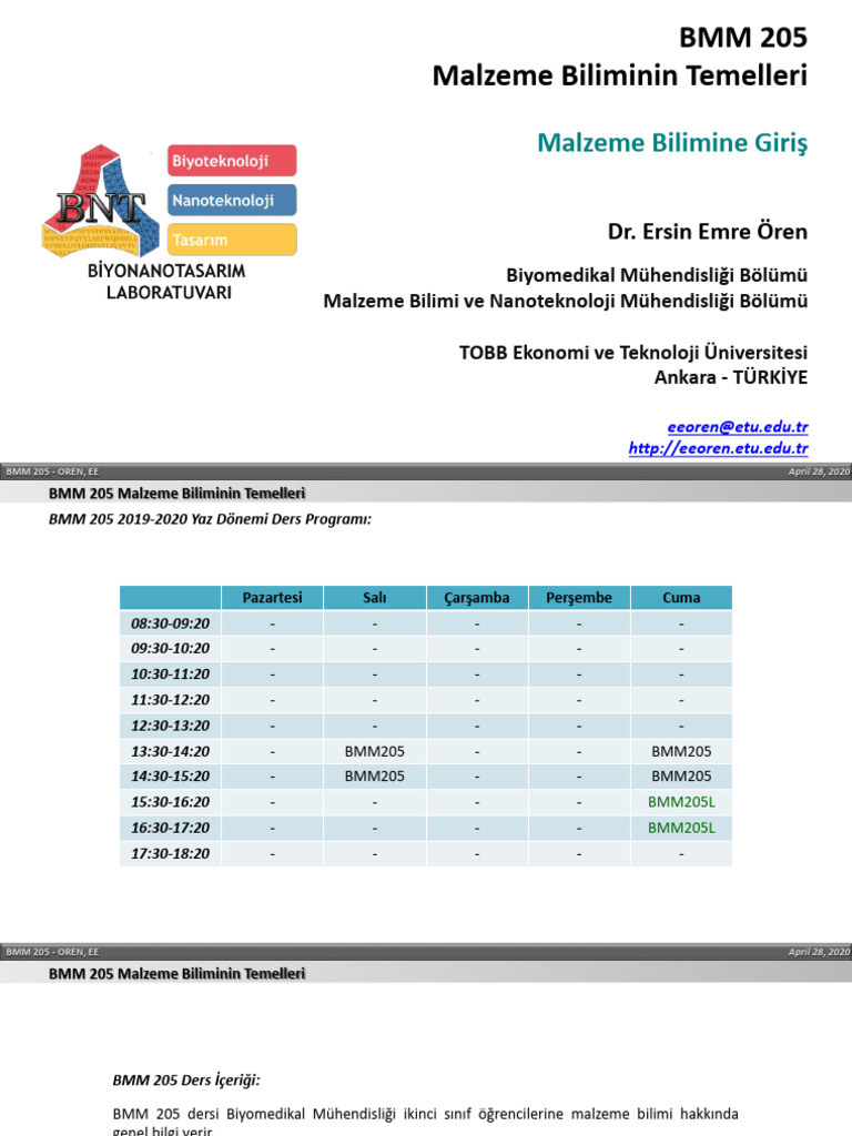 BMM 205 - Ders 1 Oren - EE | PDF