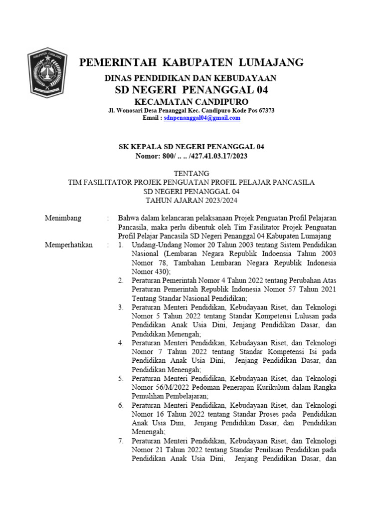 SK Fasilitator Projek p5 2023 Penanggal 04 | PDF