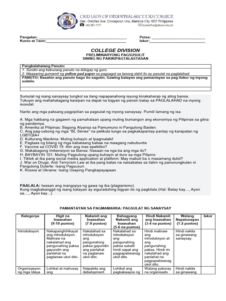 Sining NG Pakikipagtalastasan - Prelim | PDF