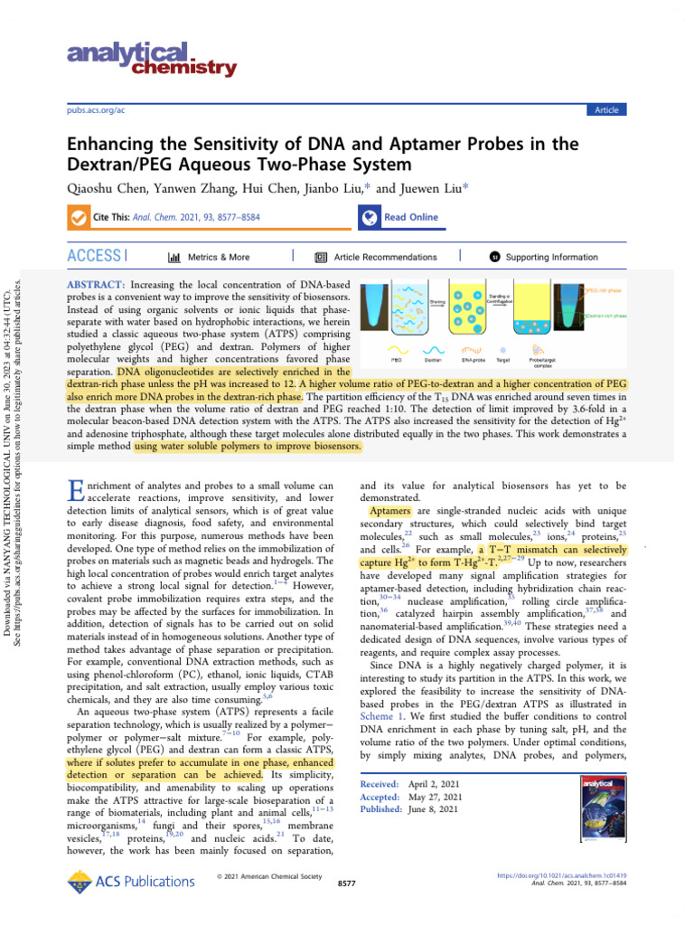 2021 - Anal Chem - Enhancing The Sensitivity of DNA and Aptamer Probes in The Dex - Peg Aqueous ...