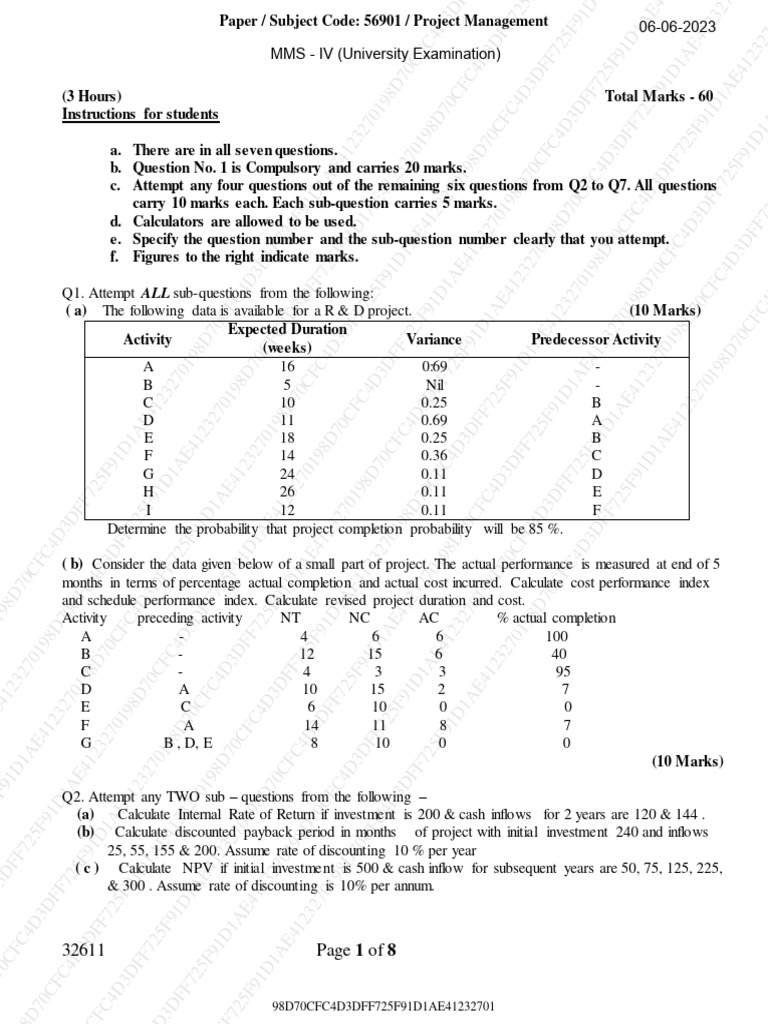 Project Management 2023 MU QP | PDF