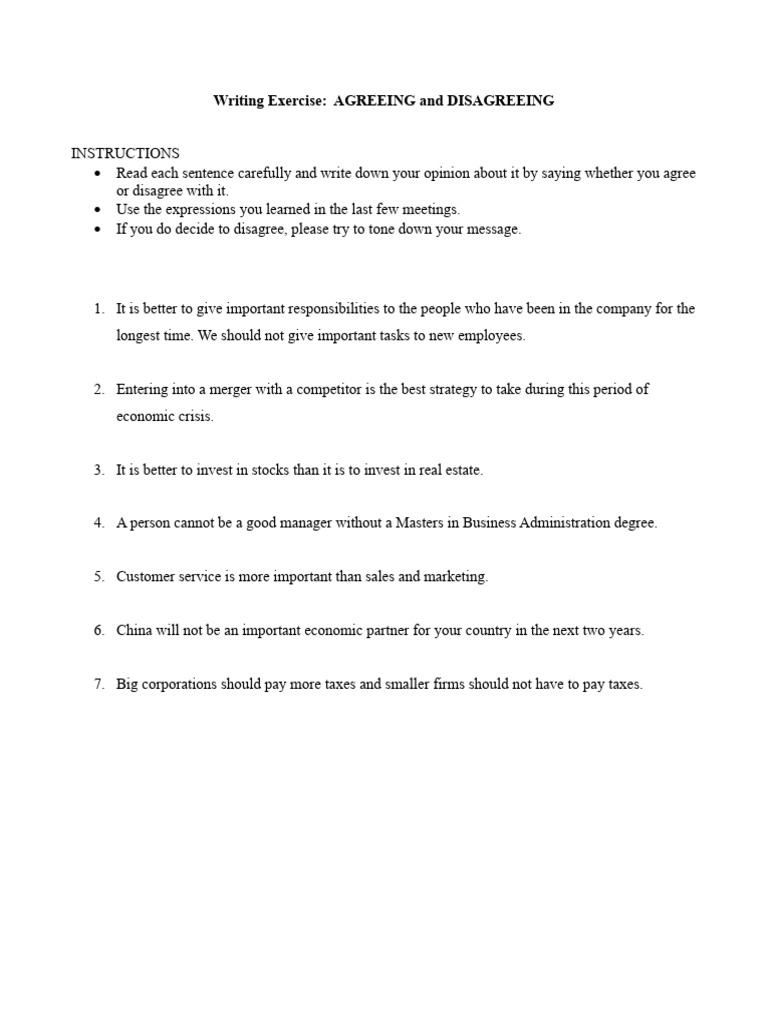 Agreeing and Disagreeing - Writing Exercise | PDF
