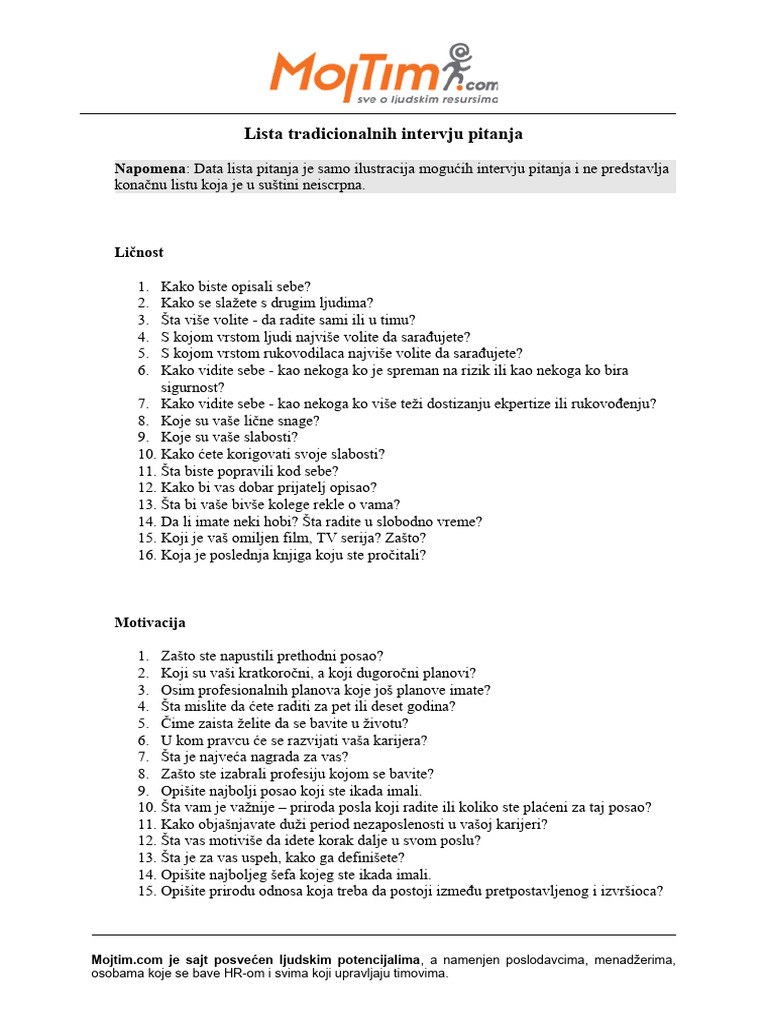Lista Tradicionalnih Intervju Pitanja M Finis | PDF