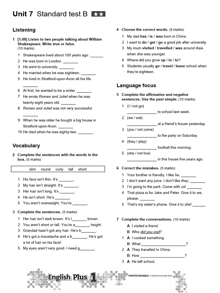 Unit 7 Standard Test B | PDF | Adele | Vocabulary