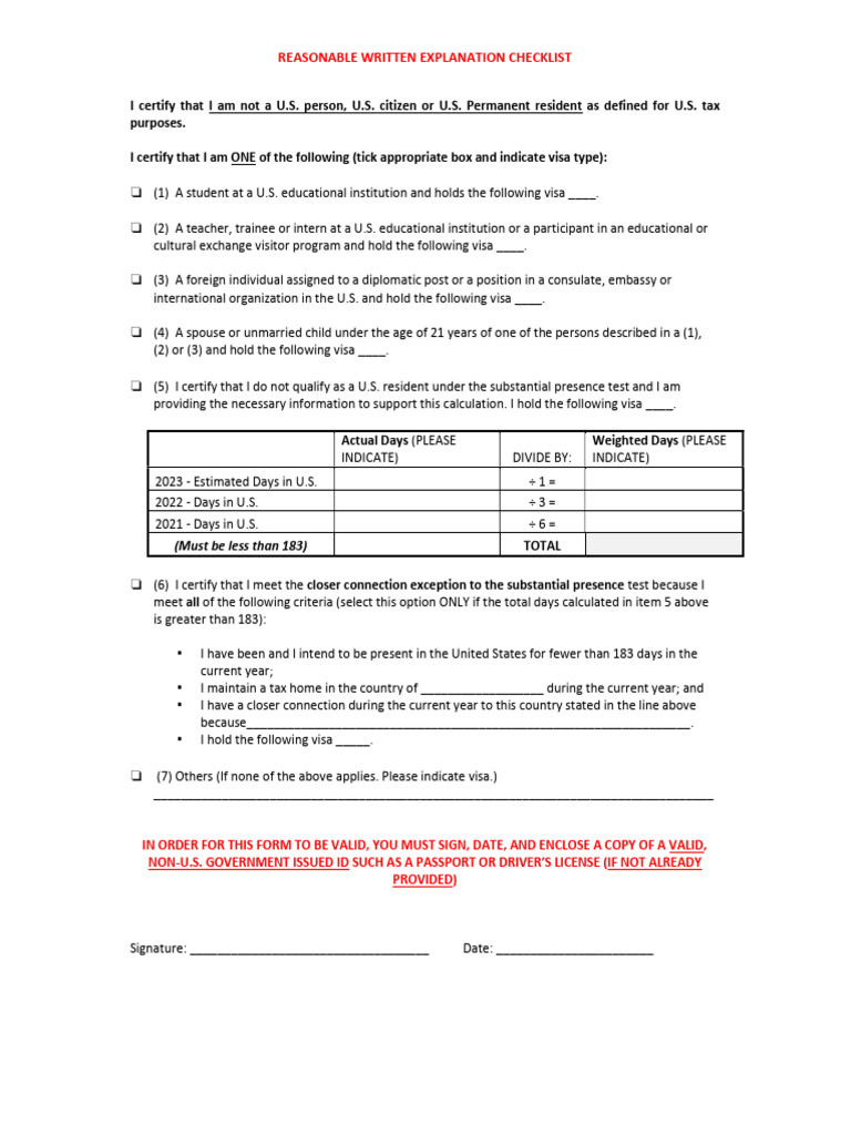 Substantial Presence Test Checklist | PDF | Travel Visa | Cultural ...