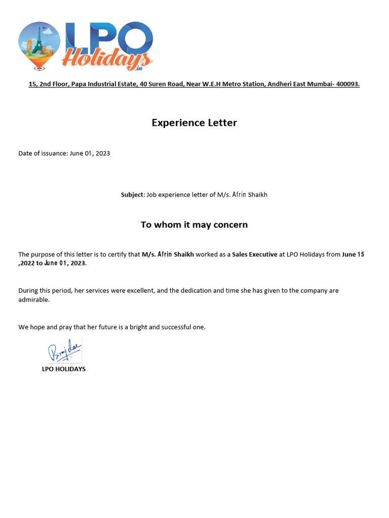 Exp Letter - Afrin | PDF