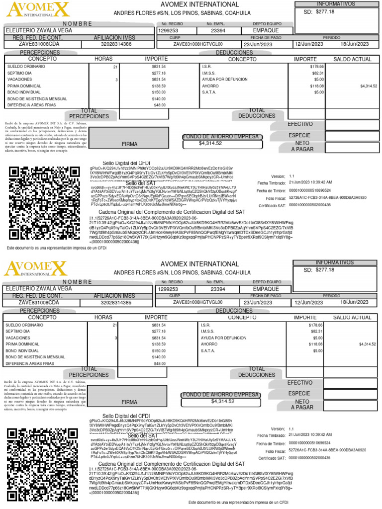 Recibo de Nómina AVOMEX INT | PDF
