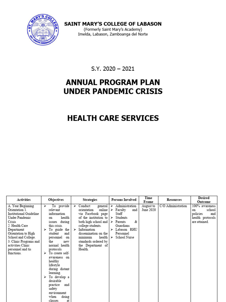Annual Program Plan Under Pandemic Crisis ST Mary's College | PDF ...