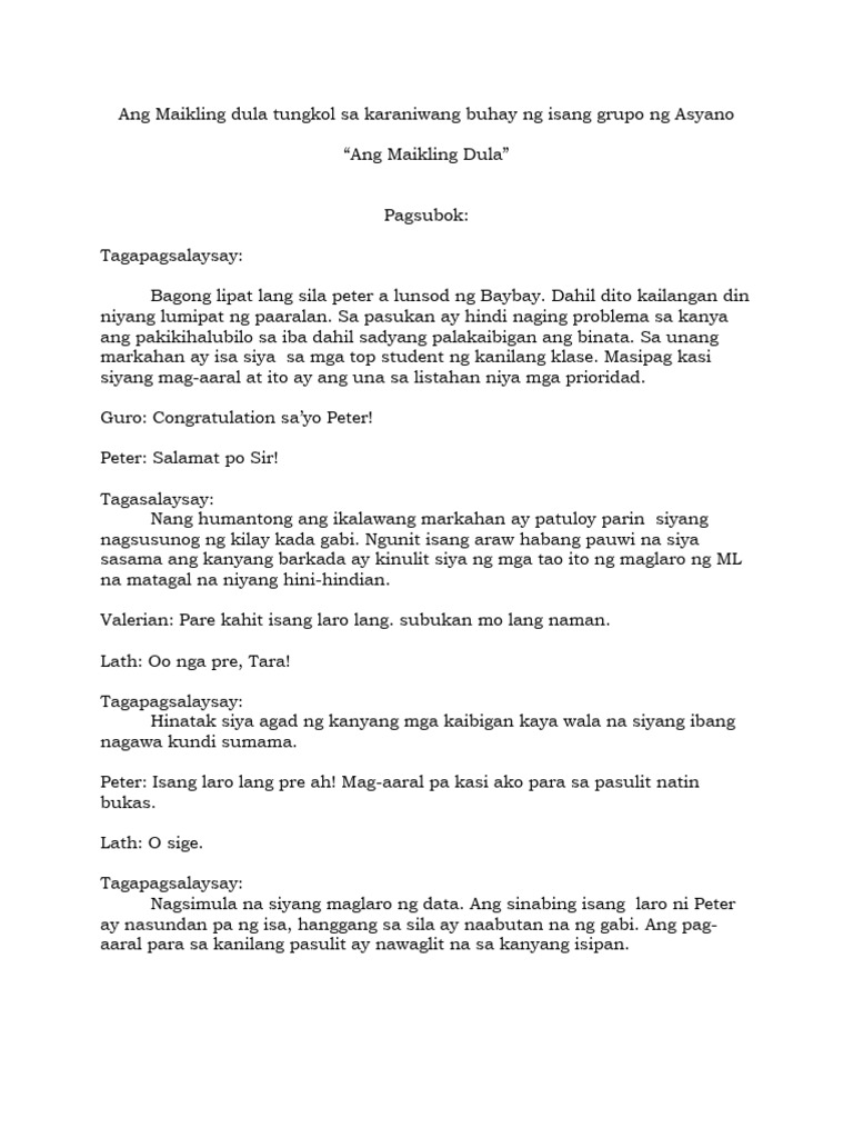 Ang Maikling Dula Tungkol Sa Karaniwang Buhay NG Isang Grupo NG Asyano ...