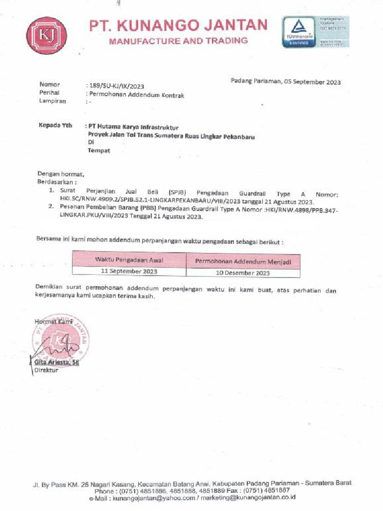 Permohonan Addendum Kontrak PT. HKI - 0002 - 001 | PDF