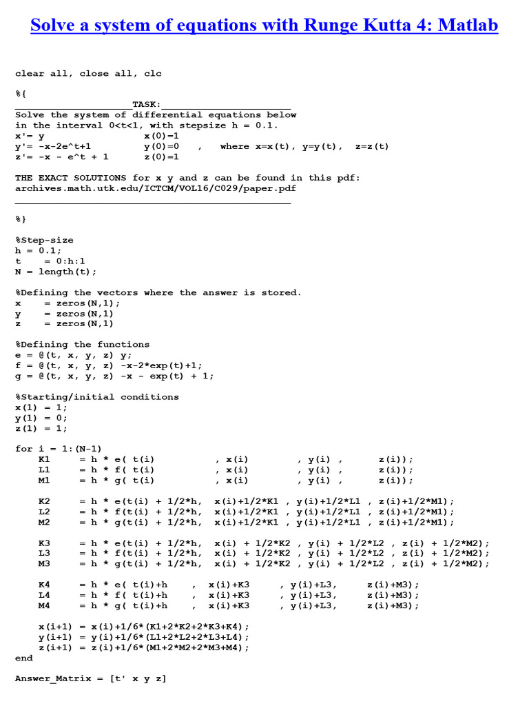 Solve A System Of Equations With Runge Kutta 4 Pdf 