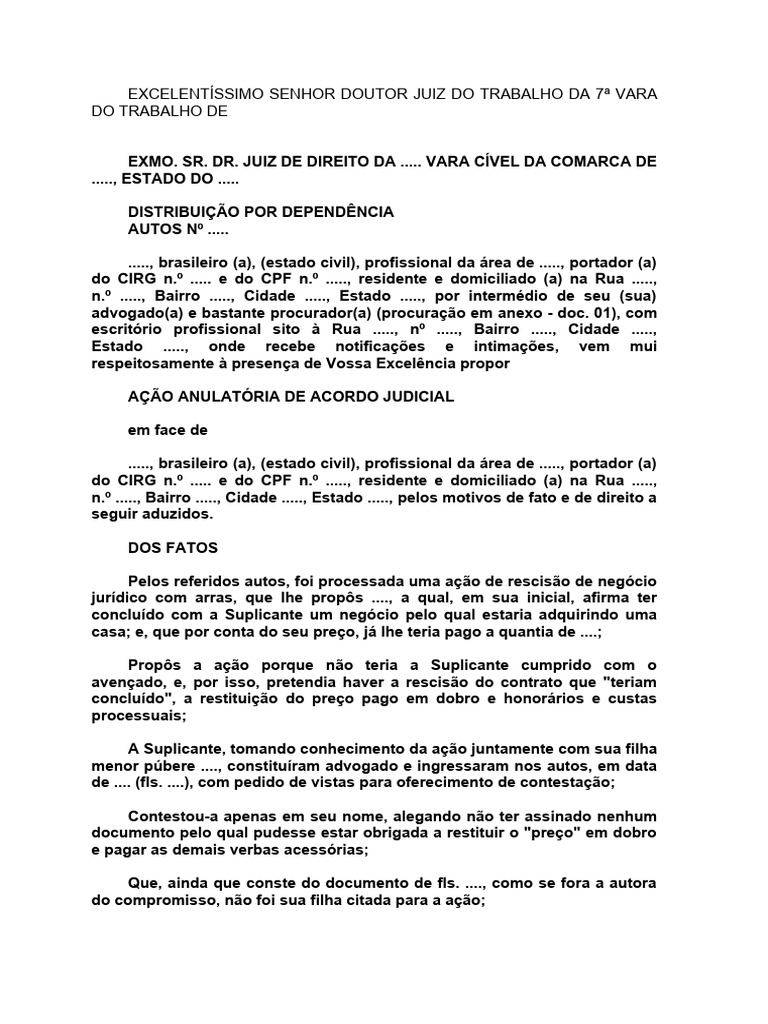 Modelo de Ação Anulatória de Acordo | PDF | Sentença (jurídico ...