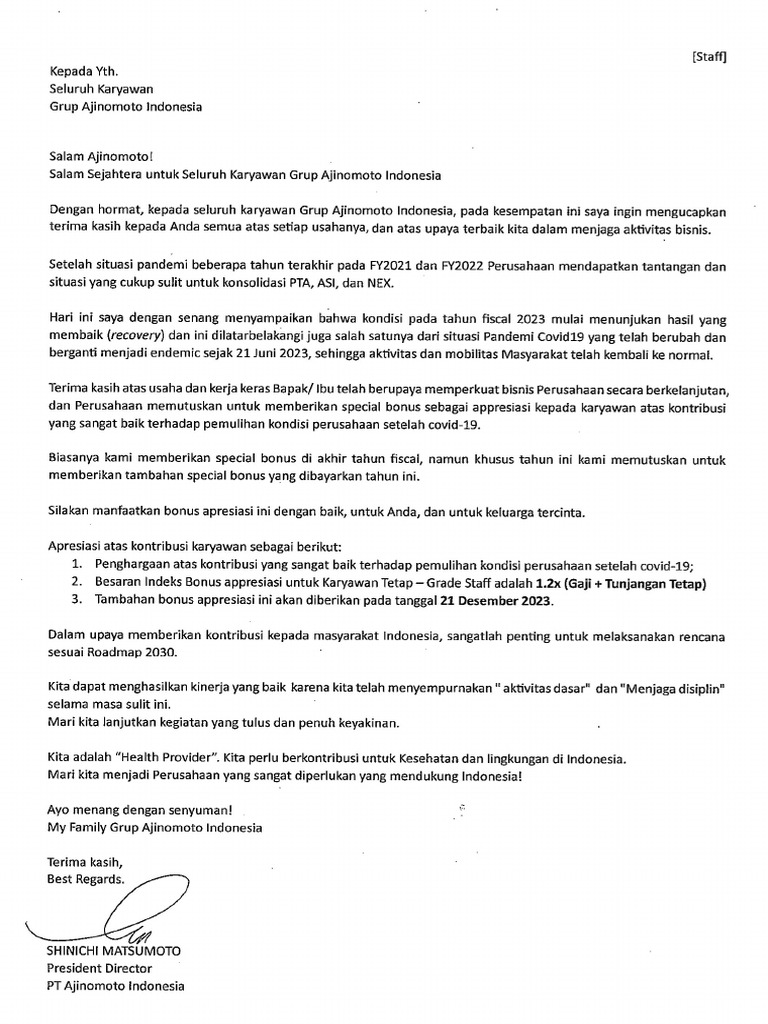 Surat Spesial Bonus - Desember 2023 - Staff (Bahasa) | PDF