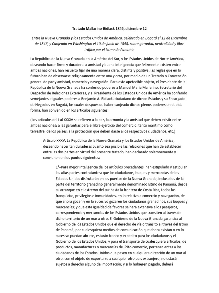 Tratado Mallarino-Bidlack de 1846 | PDF | Panamá | Los Estados Unidos
