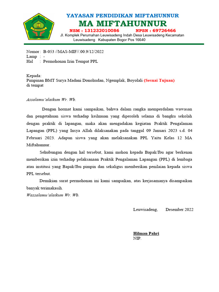 Surat Izin PPL | PDF | Pengelolaan Keuangan & Uang