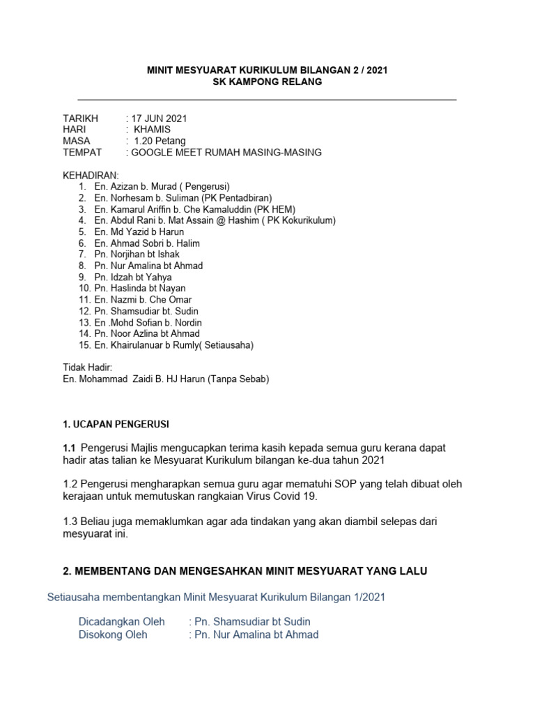 Minit Mesyuarat Kurikulum Kali 2, 2021 SKKR | PDF