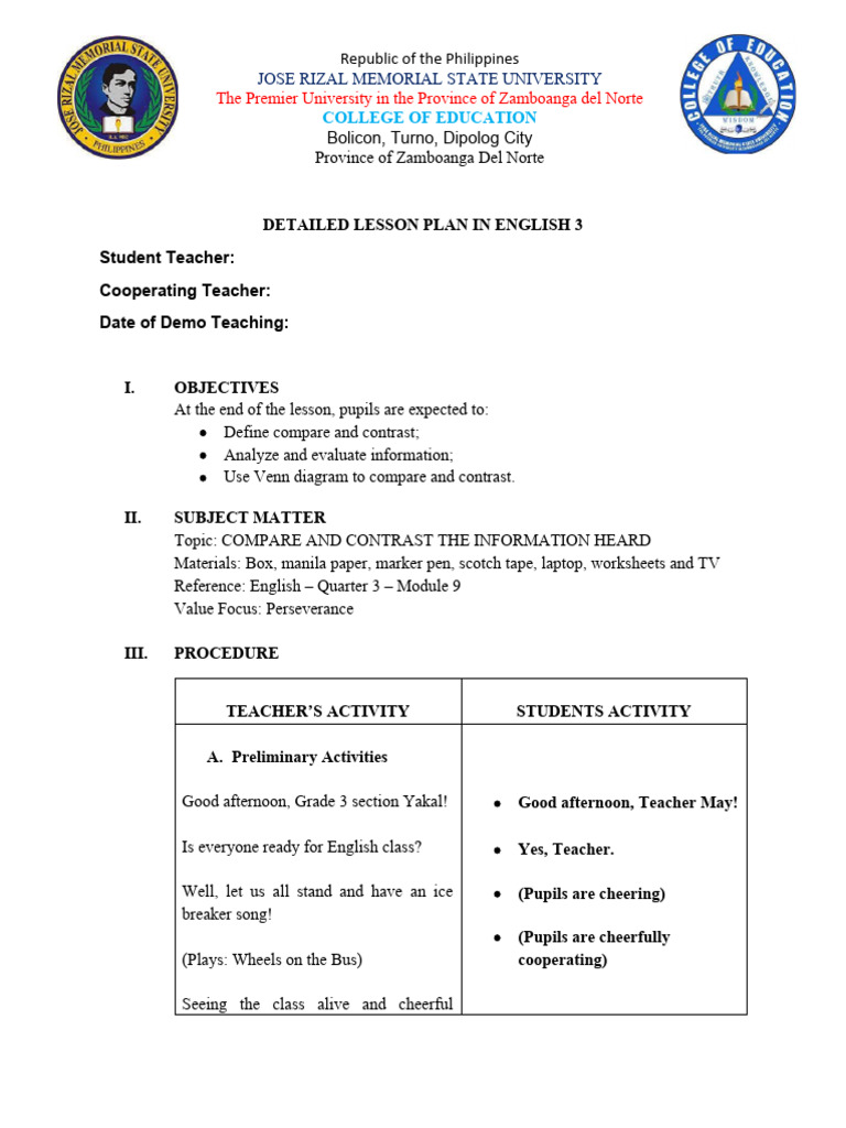Detailed Lesson Plan in English 3 | PDF | Teachers | Lesson Plan