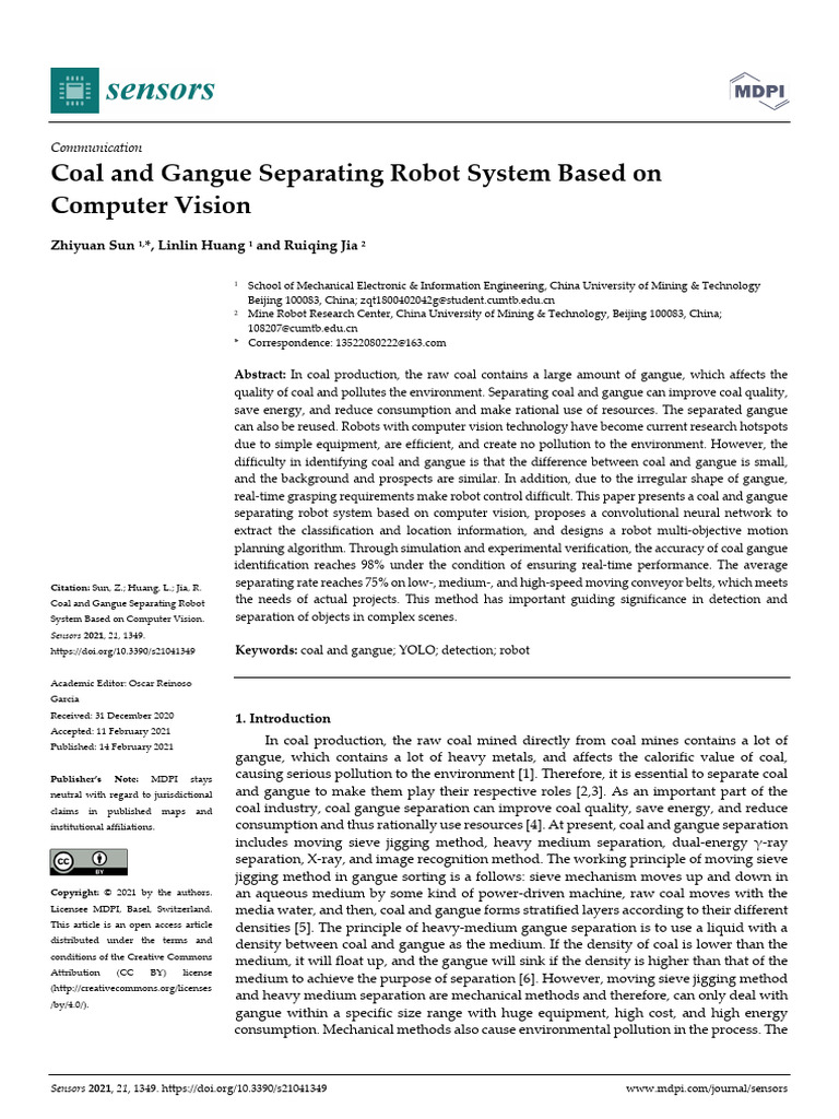 Coal and Gangue Separating Robot System Based On C | PDF | Computer Vision | Deep Learning