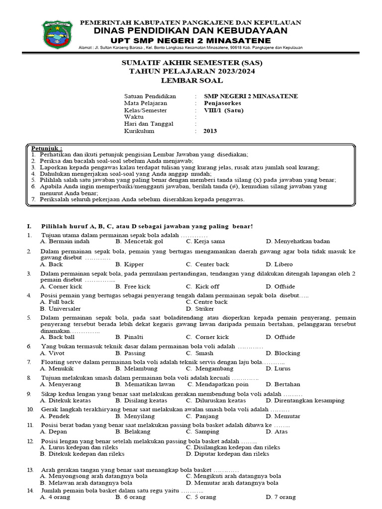 KOP Soal Kurmer SUMATIF AKHIR SEMESTER (SAS) 2023-2024 | PDF