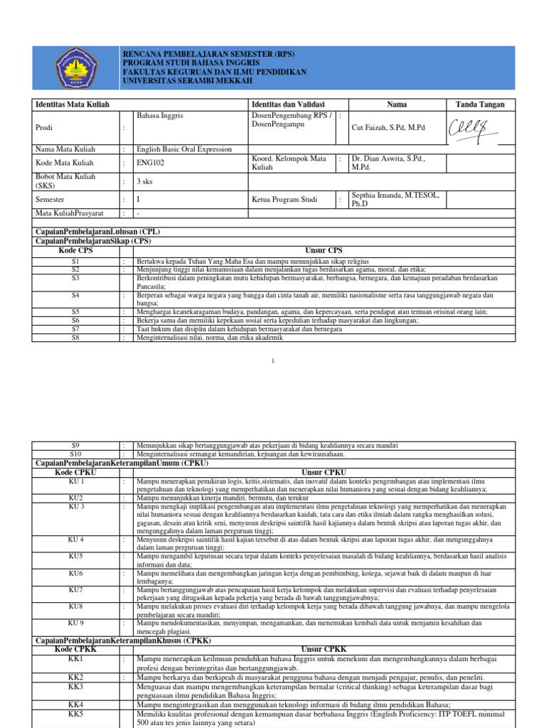 RPS English Basic Oral Expression 2023-2024 | PDF | Karier & Perkembangan