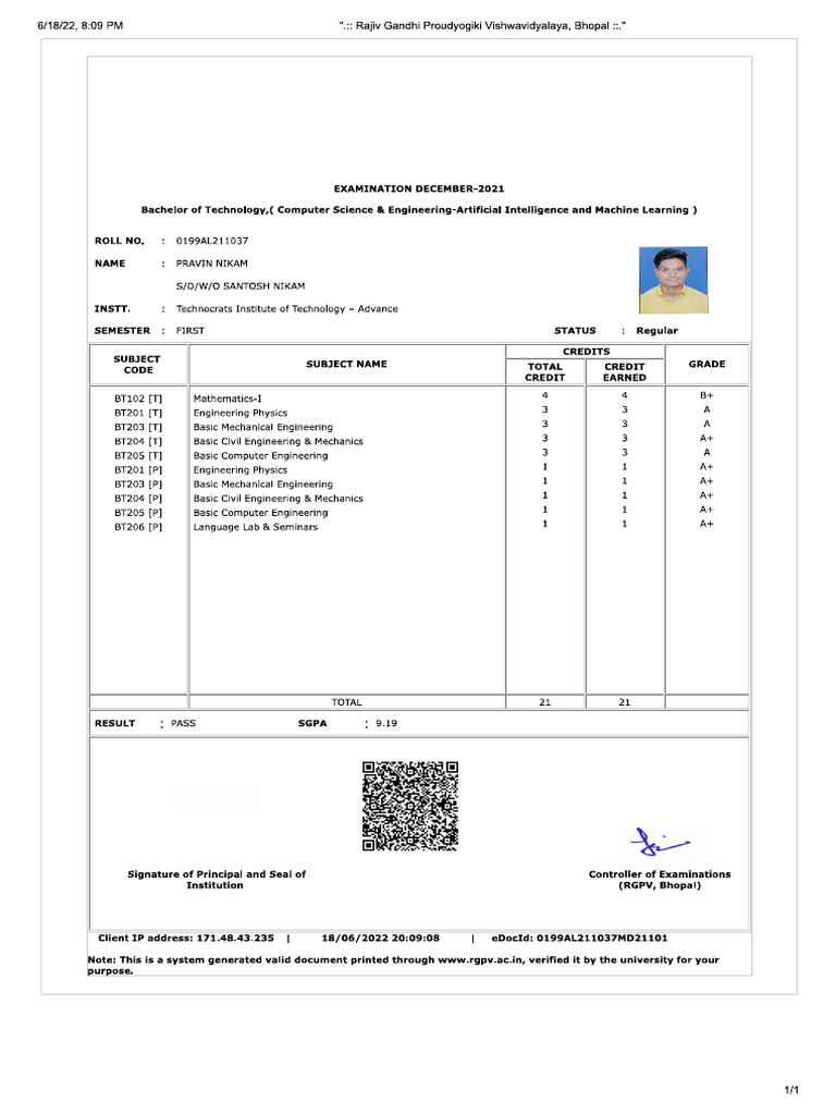 Pravin's Marksheet | PDF