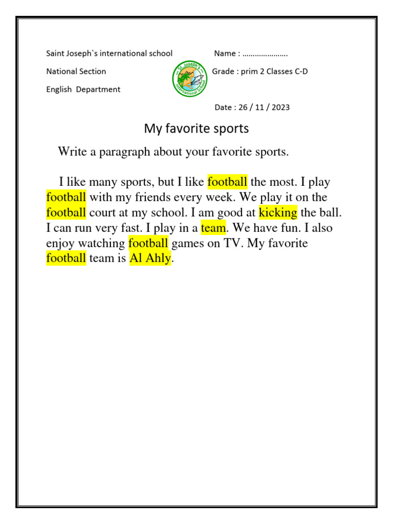 Football Passion Essay - Grade 2 | PDF | Language Arts & Discipline