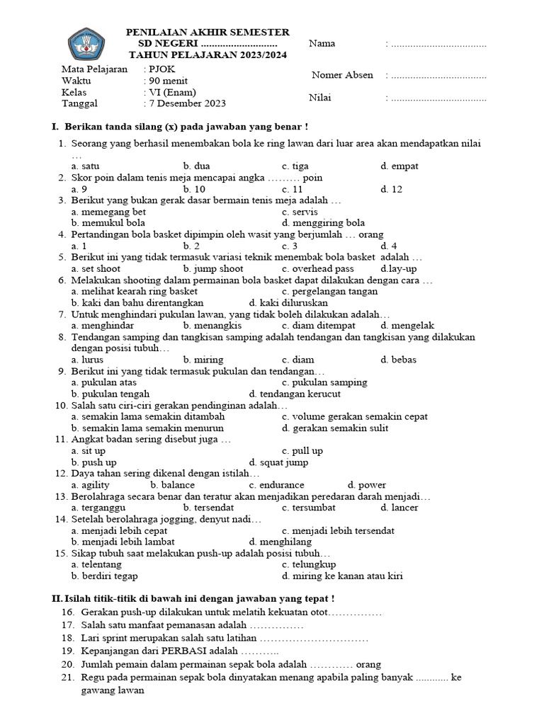 Soal PAS PJOK Kelas 6 | PDF