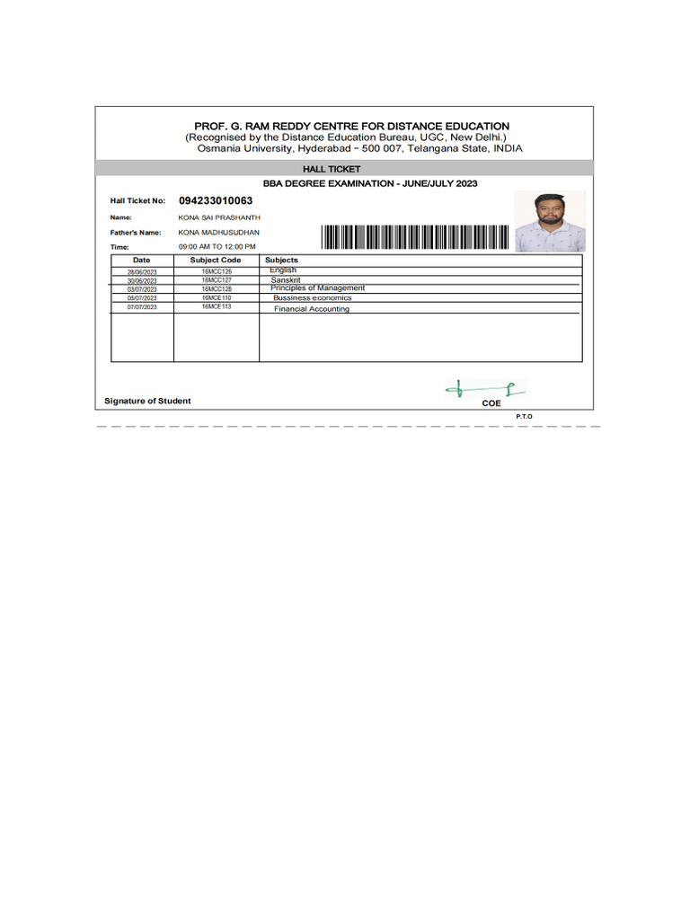 BBA Hall Ticket | PDF