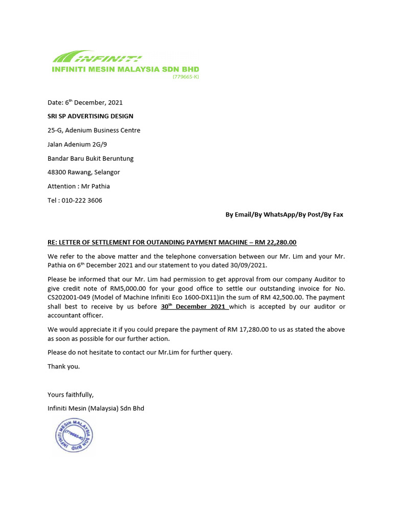 Letter of Settlement Sri SP | PDF