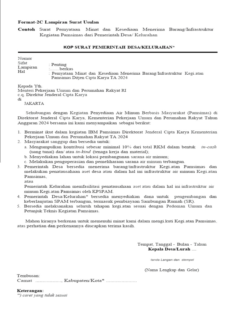 Surat Minat Kegiatan PAMSIMAS Dan SANIMAS TA 2024 | PDF