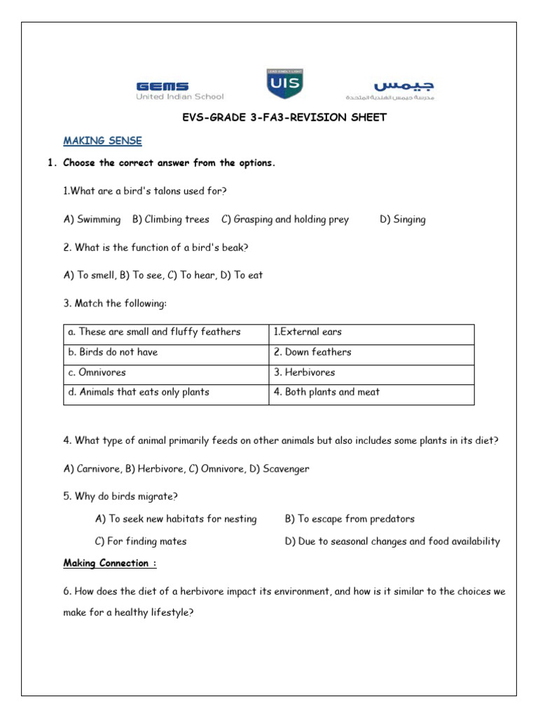 GR 3 - FA3 Revision Worksheet | PDF | Birds | Nest