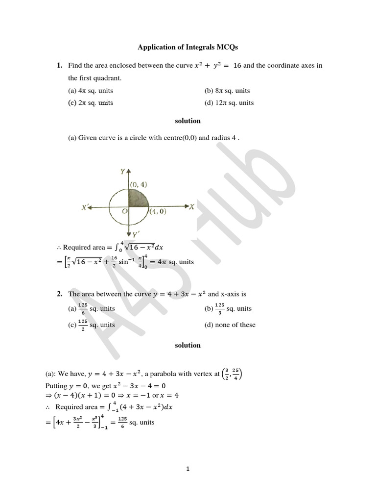 Application of Integrals Mcqs 1. Find The Area Enclosed Between The Curve | PDF | Area ...