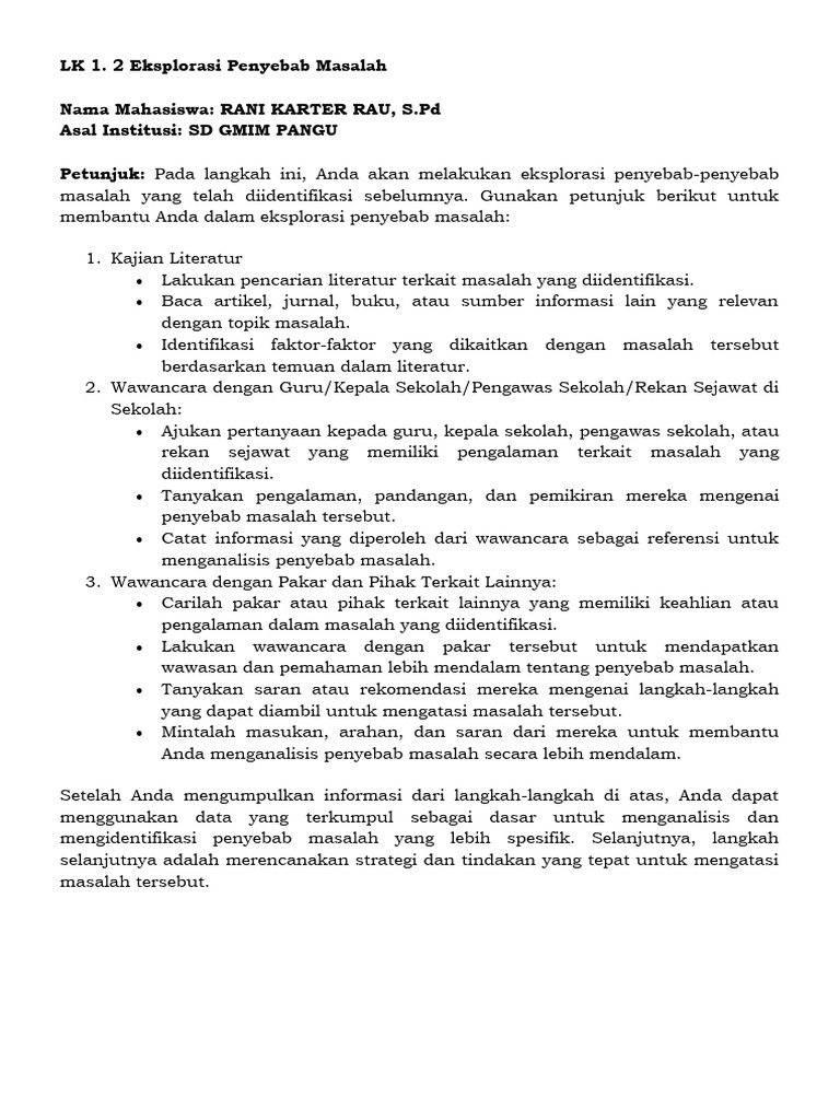 L.K 1.2 Tabel Hasil Eksplorasi Penyebab Masalah | PDF