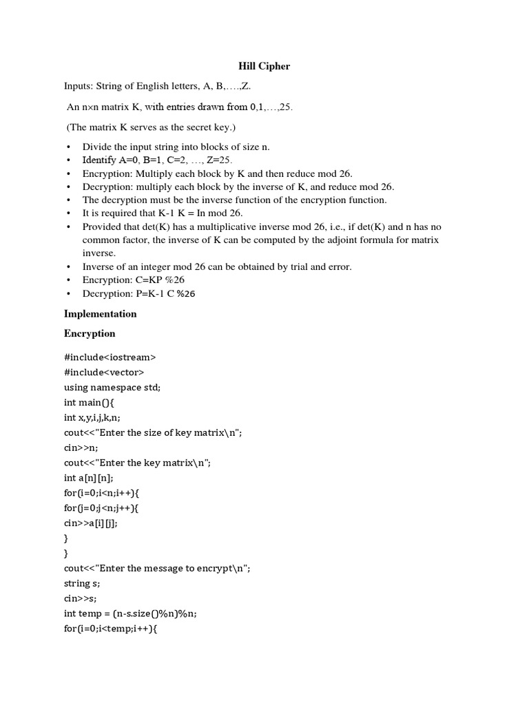 Hill Cipher | PDF | Encryption | Matrix (Mathematics) Hill Cipher | PDF | Encryption | Matrix (Mathematics)