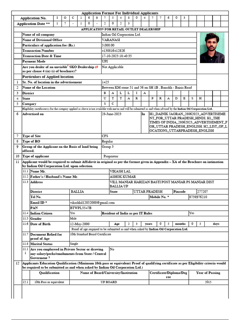 Application Form For Selection of Petrol Pump Dealer | PDF | Identity ...