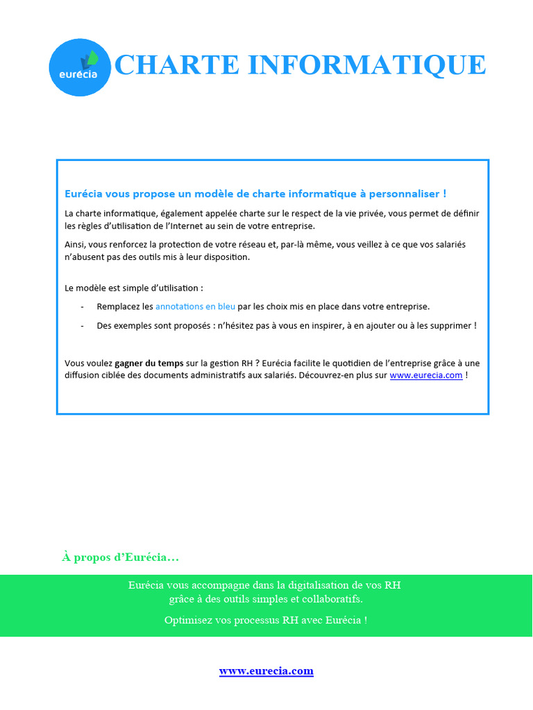 Eurecia Modele Charte Informatique | PDF | Informatique | Gestion des ressources humaines