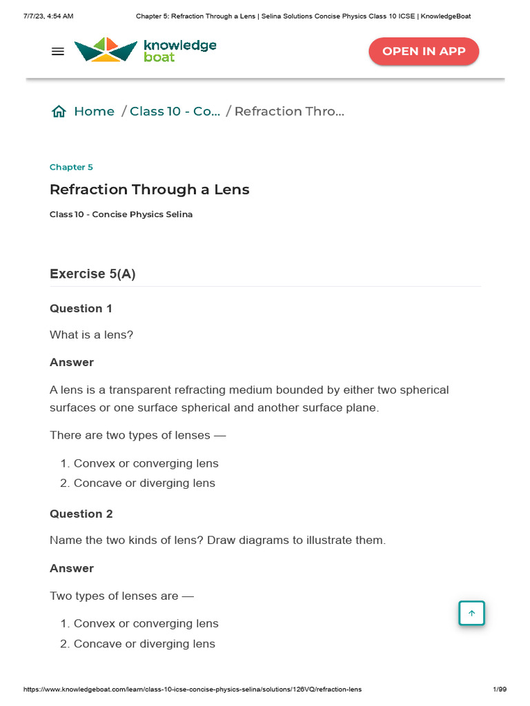 Chapter 5 - Refraction Through A Lens - Selina Solutions Concise Physics Class 10 ICSE ...
